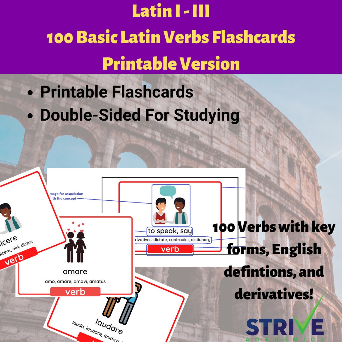 100 Basic Latin Verbs Double-sided Printable Flashcards With Forms ...