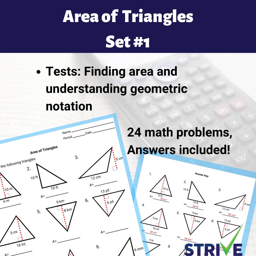 Area of Triangles Worksheet - Set #1 - Etsy