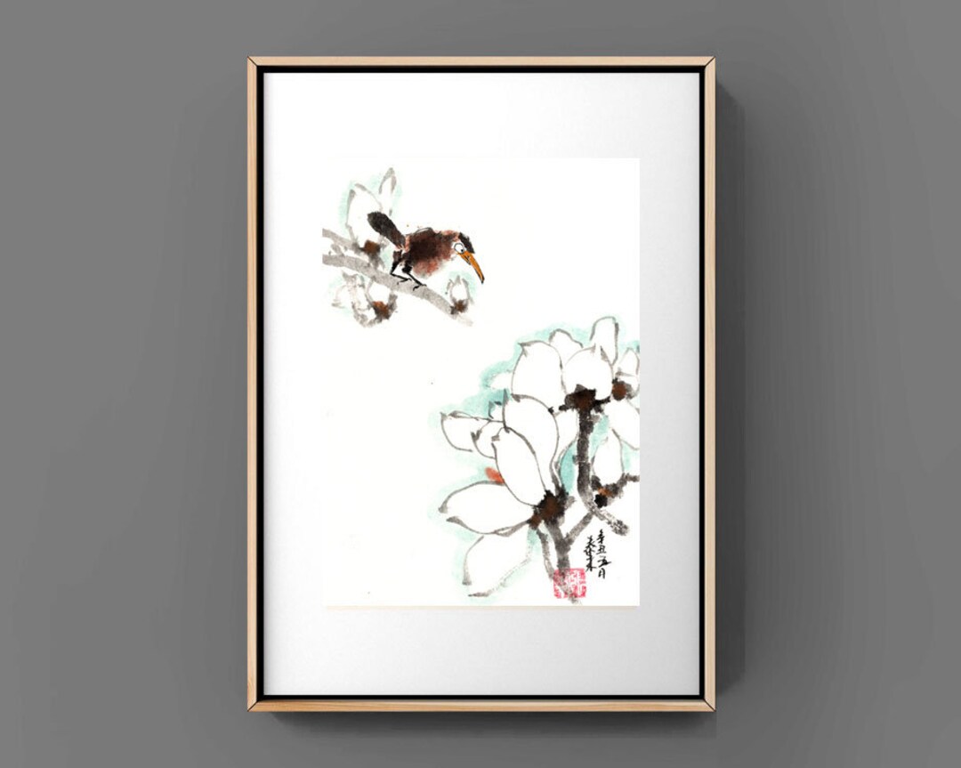Mulan Magnolie Chinese Japanese Ink Painting Office Home Decor Wall Art ...