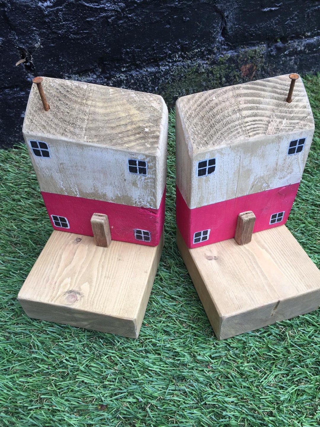Unique Pink Wooden House Bookends Reclaimed Wood Bookends - Etsy
