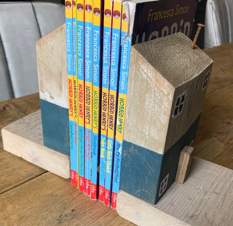Unique Blue Wooden House Bookends Reclaimed Wood Bookends - Etsy UK