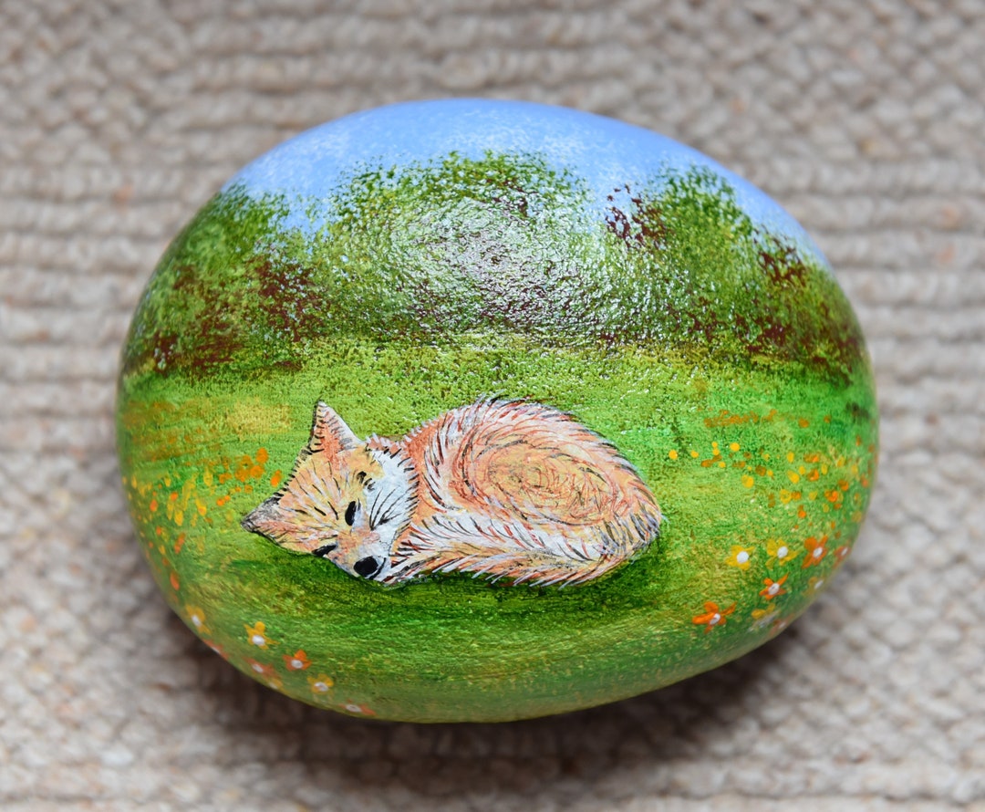 Hand Painted Pebble / Cobble / Stone of a Baby Fox Cub Sleeping in the ...