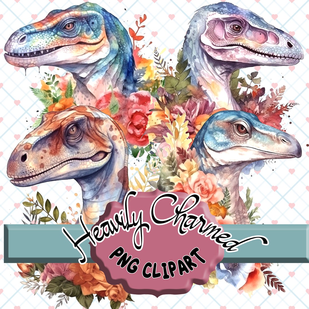 Watercolor Dinosaur Raptor With Flowers Clipart PNG Transparent Bundle ...