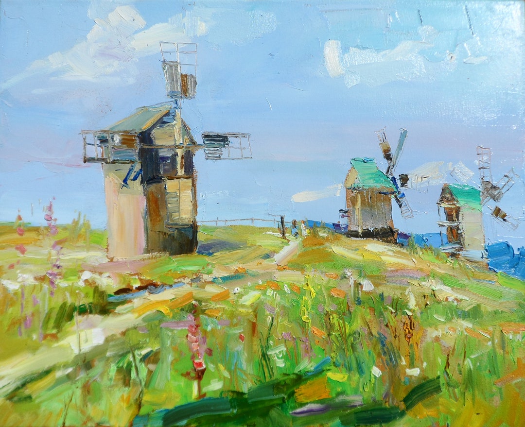 Windmills Painting, Field, Original Oil Painting, Impressionist ...