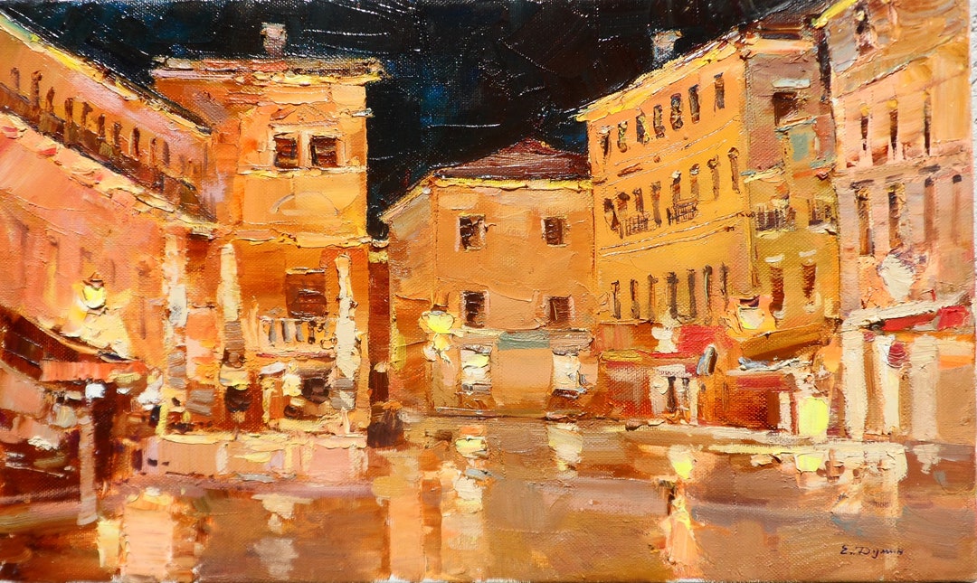 Night City Landscape Original Oil Painting Oil on Canvas Fine Art ...