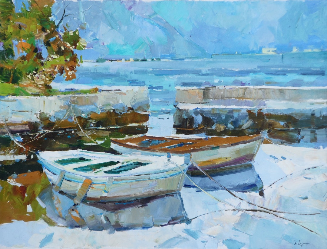 Boats Painting Ukrainian Shops Blue Art Yachts Fine Art Landscape ...