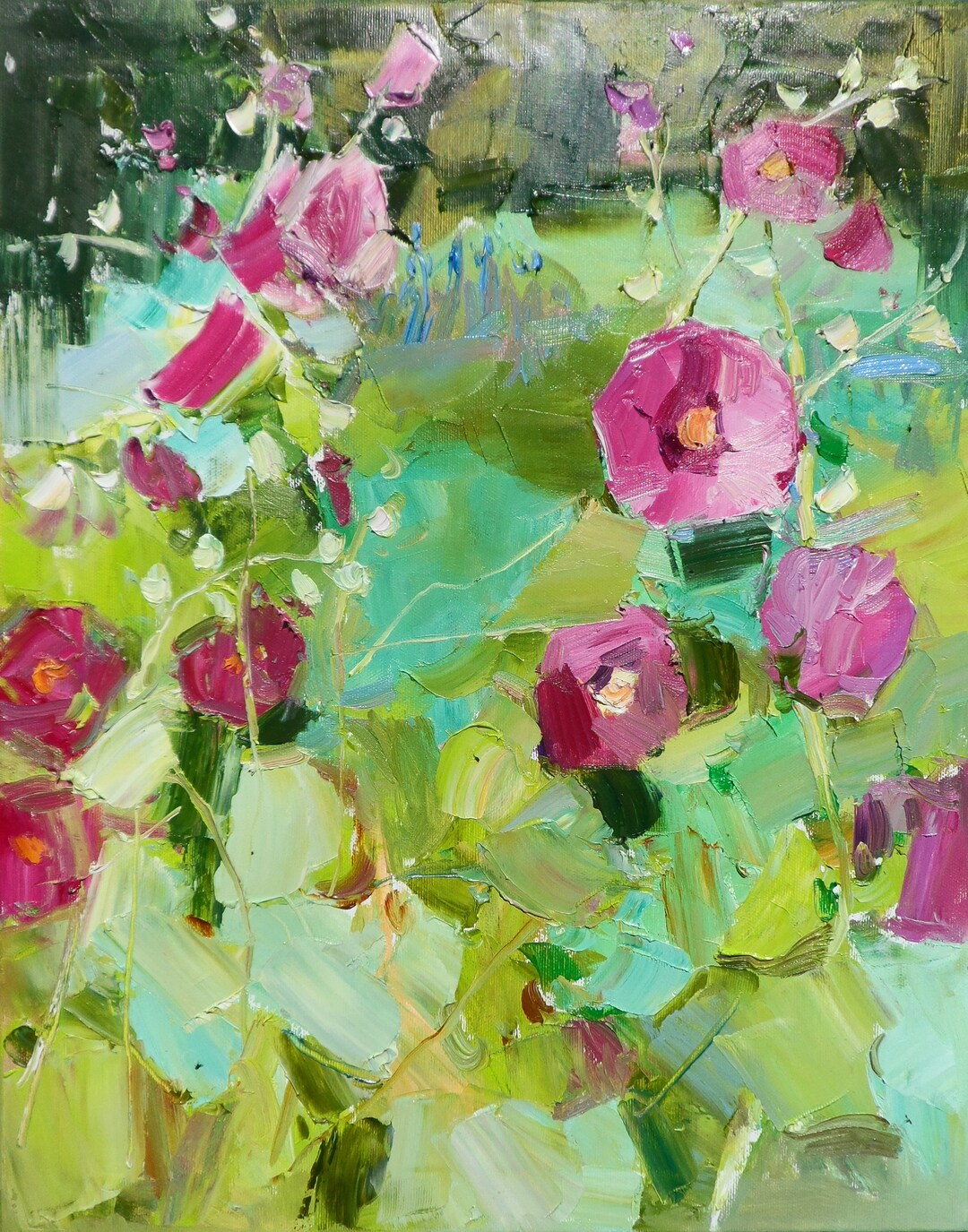 Mallow Blossoms Painting Garden Original Oil Painting Oil on Canvas ...
