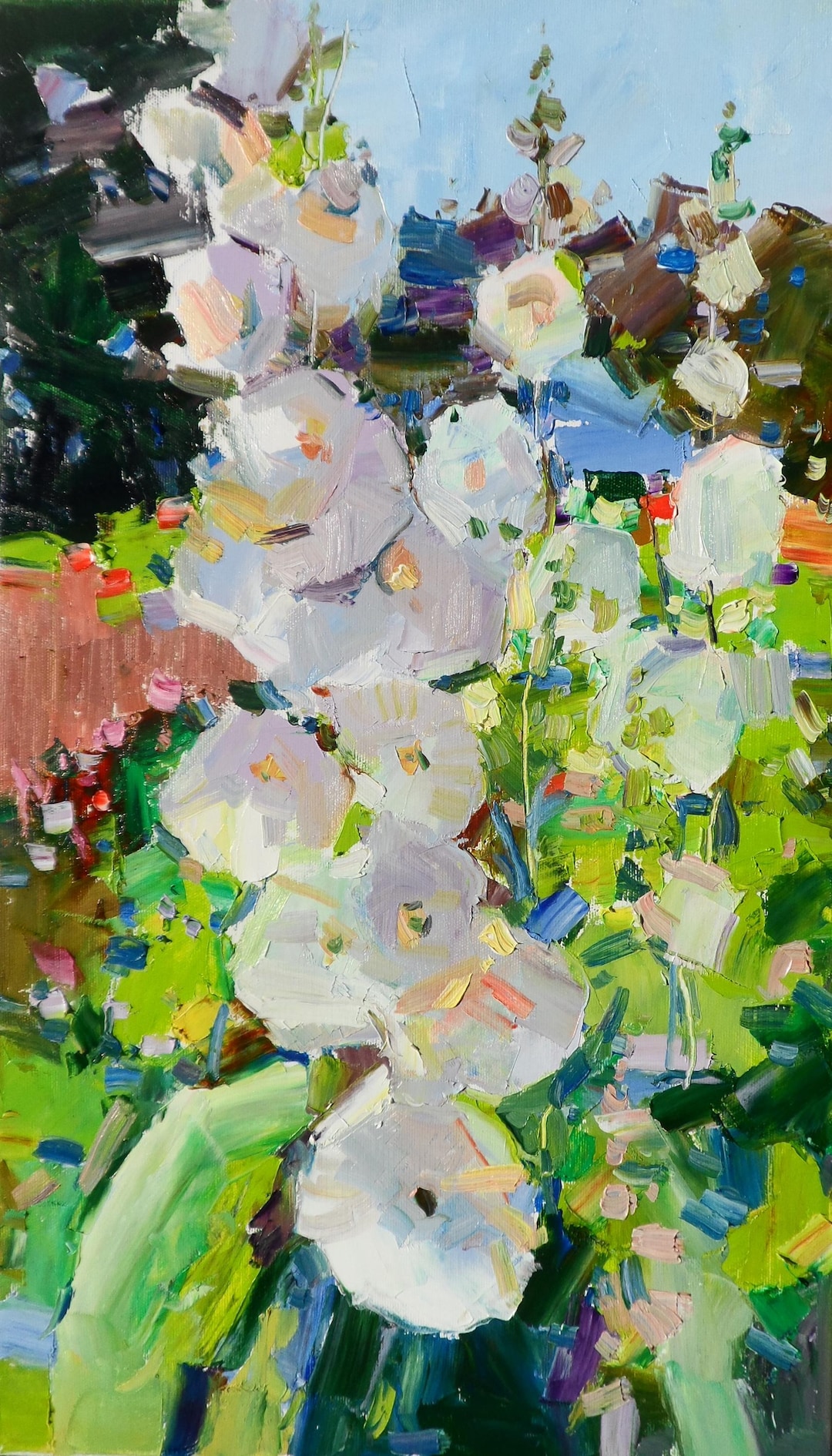 Mallows Flowers Blossoms Garden Original Oil Painting Oil on Canvas ...