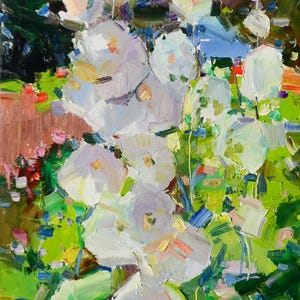Mallows Flowers Blossoms Garden Original Oil Painting Oil on Canvas ...