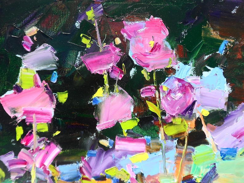 Mallows Flowers Blossoms Garden Original Oil Painting Oil on Canvas ...