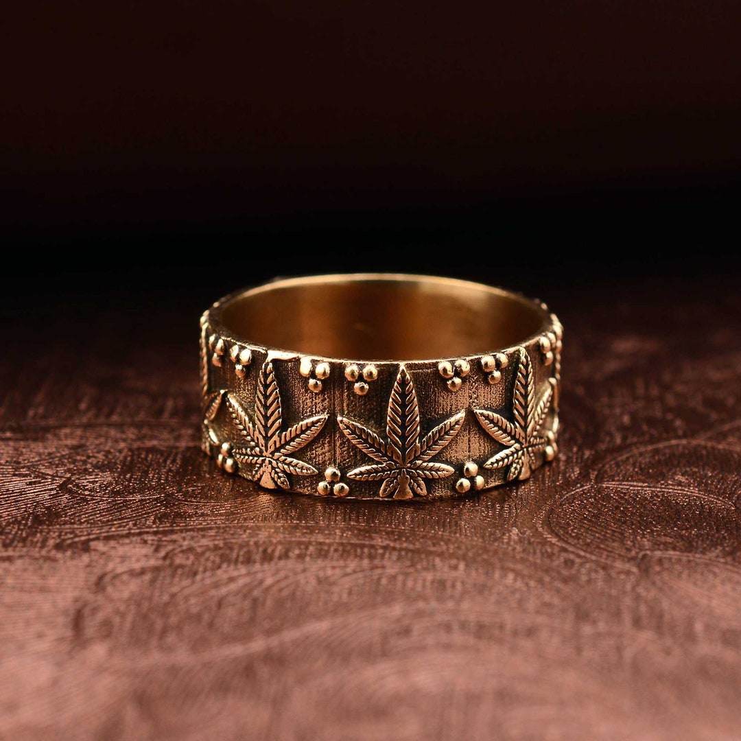 Mary Jane Ring, Small Cannabis Ring, Gold Wedding Band, Unisex Band ...