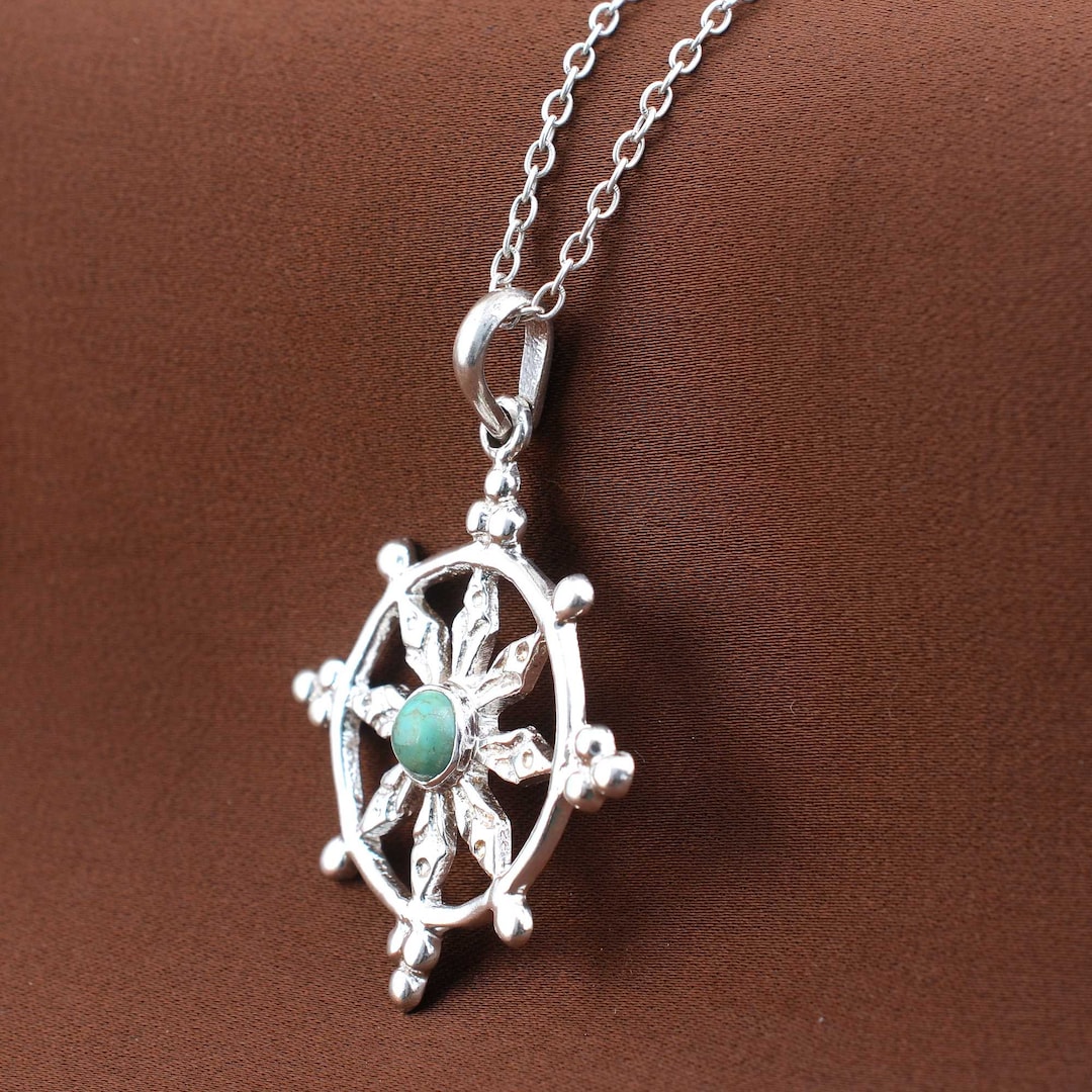 Dharma Wheel Necklace, Turquoise Dharma Chakra Pendant Buddhist ...