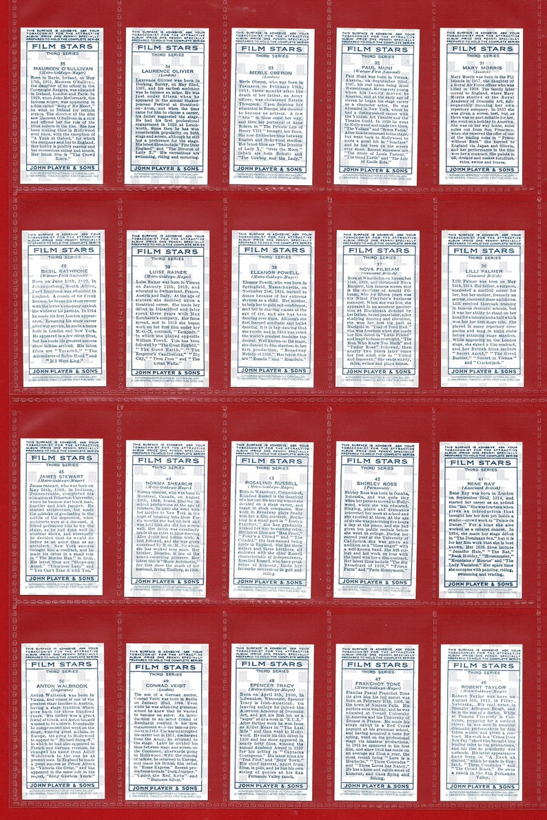 FILM STARS, Third Series - Reprint Cigarette Tobacco Card Set by John ...