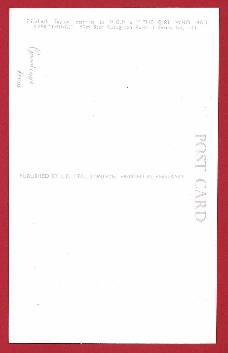 ELIZABETH TAYLOR POSTCARD Hollywood Film Star Actress - Etsy
