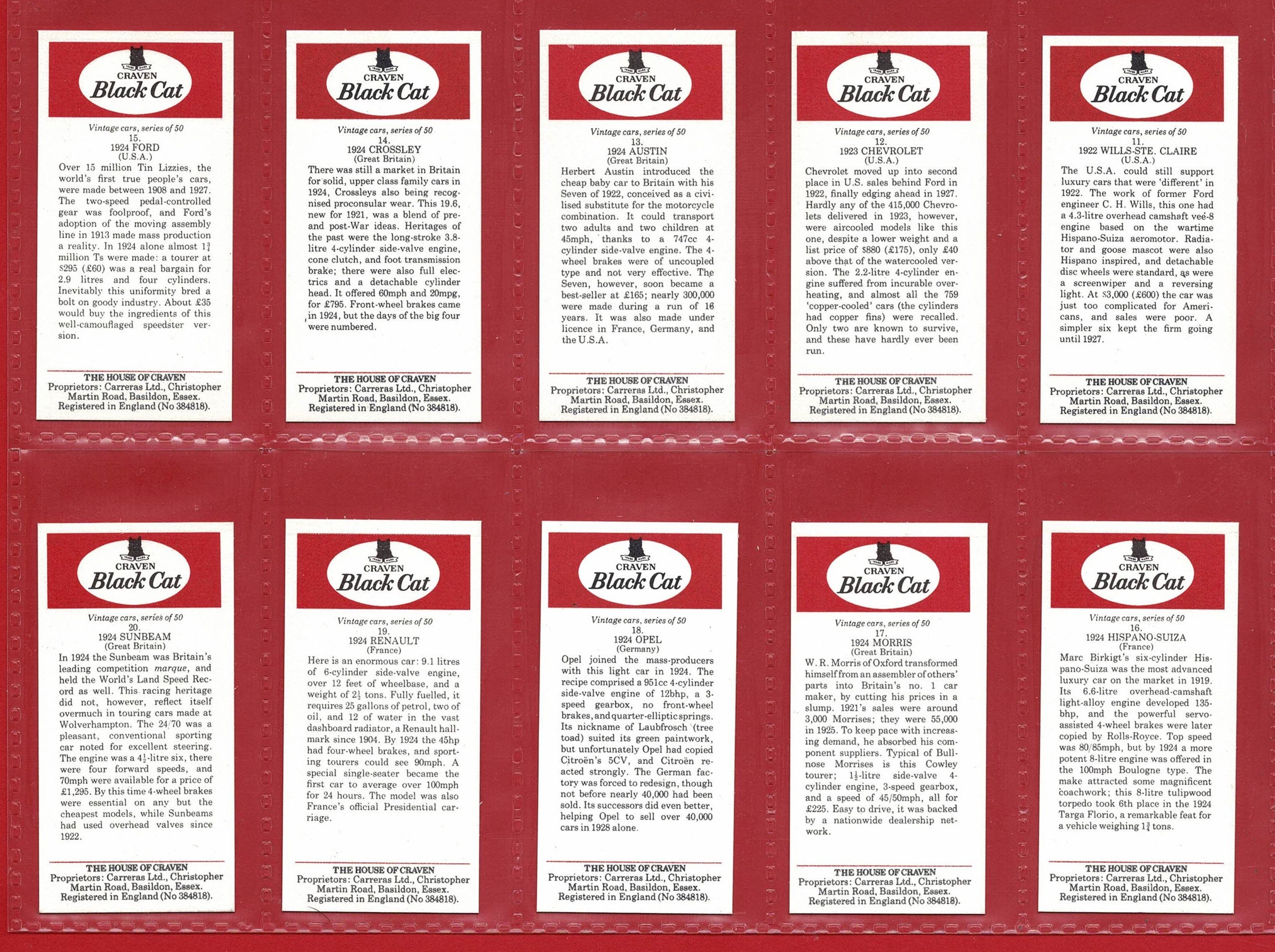 VINTAGE CARS CARDS Original Cigarette Tobacco Card Set Carreras British ...