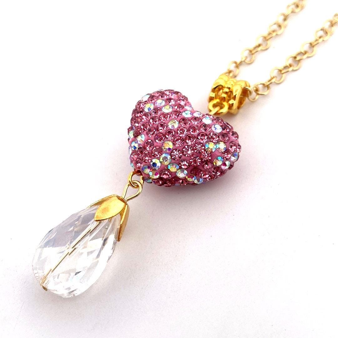 Sparkly Pink Heart Necklace, Rhinestone Clay Jewelry, Teardrop Glass ...