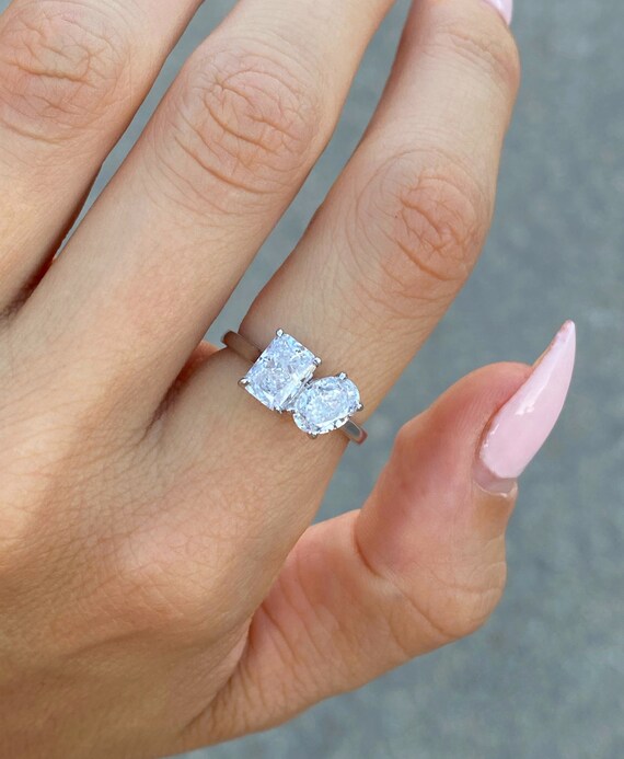 Double Stone Engagement Ring Stone Wedding Ring Radiant Cut