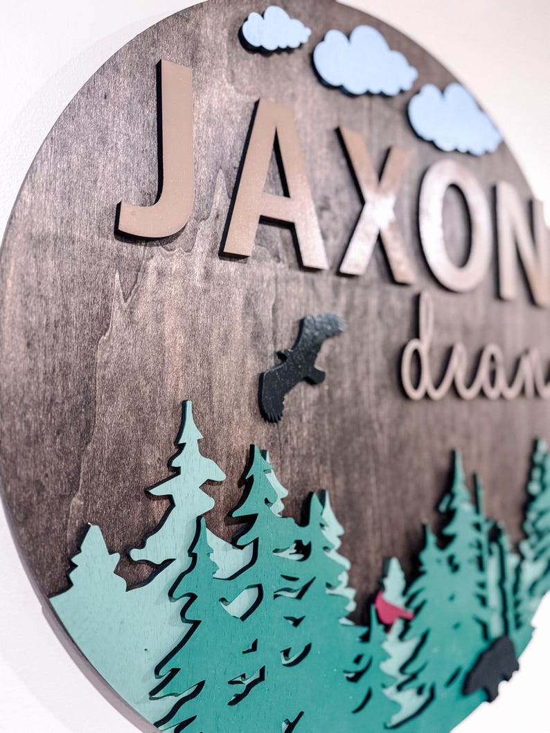 Forest Wooden Name Sign/ Wilderness Nursery Sign/round Wooden Name Sign ...