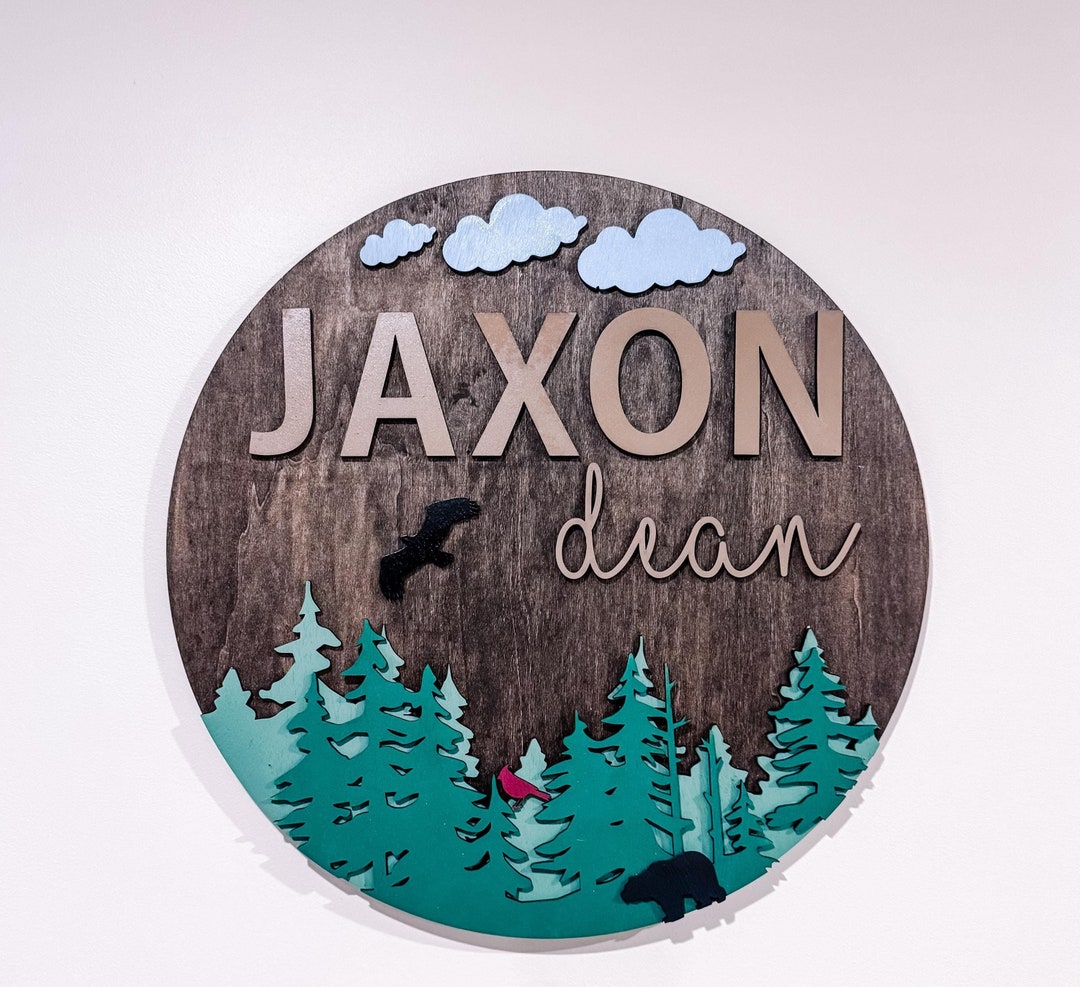 Forest Wooden Name Sign/ Wilderness Nursery Sign/round Wooden Name Sign ...