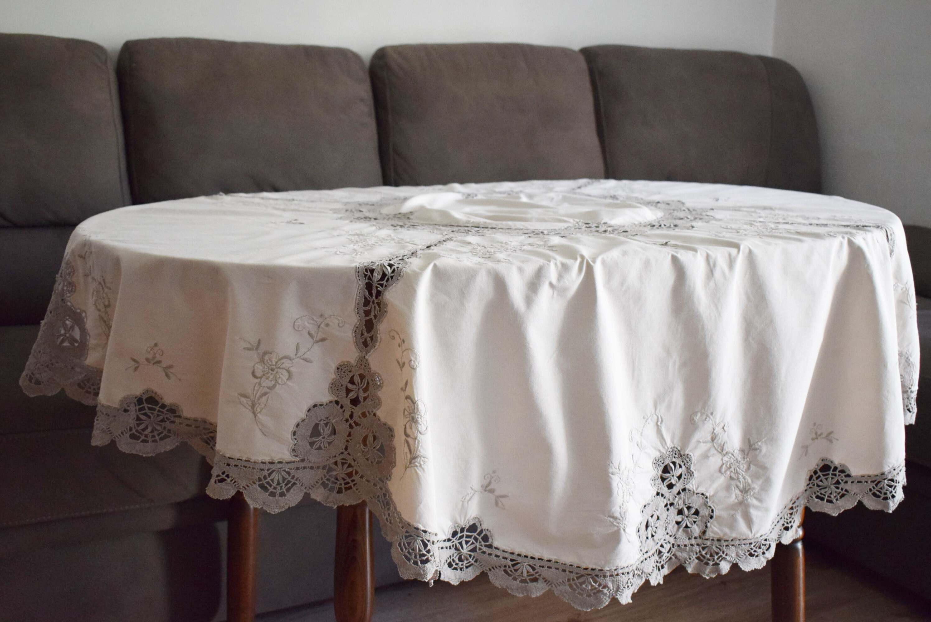Large Round Lace Tablecloth, Embroidered Tablecloth, Ecru and Gray ...