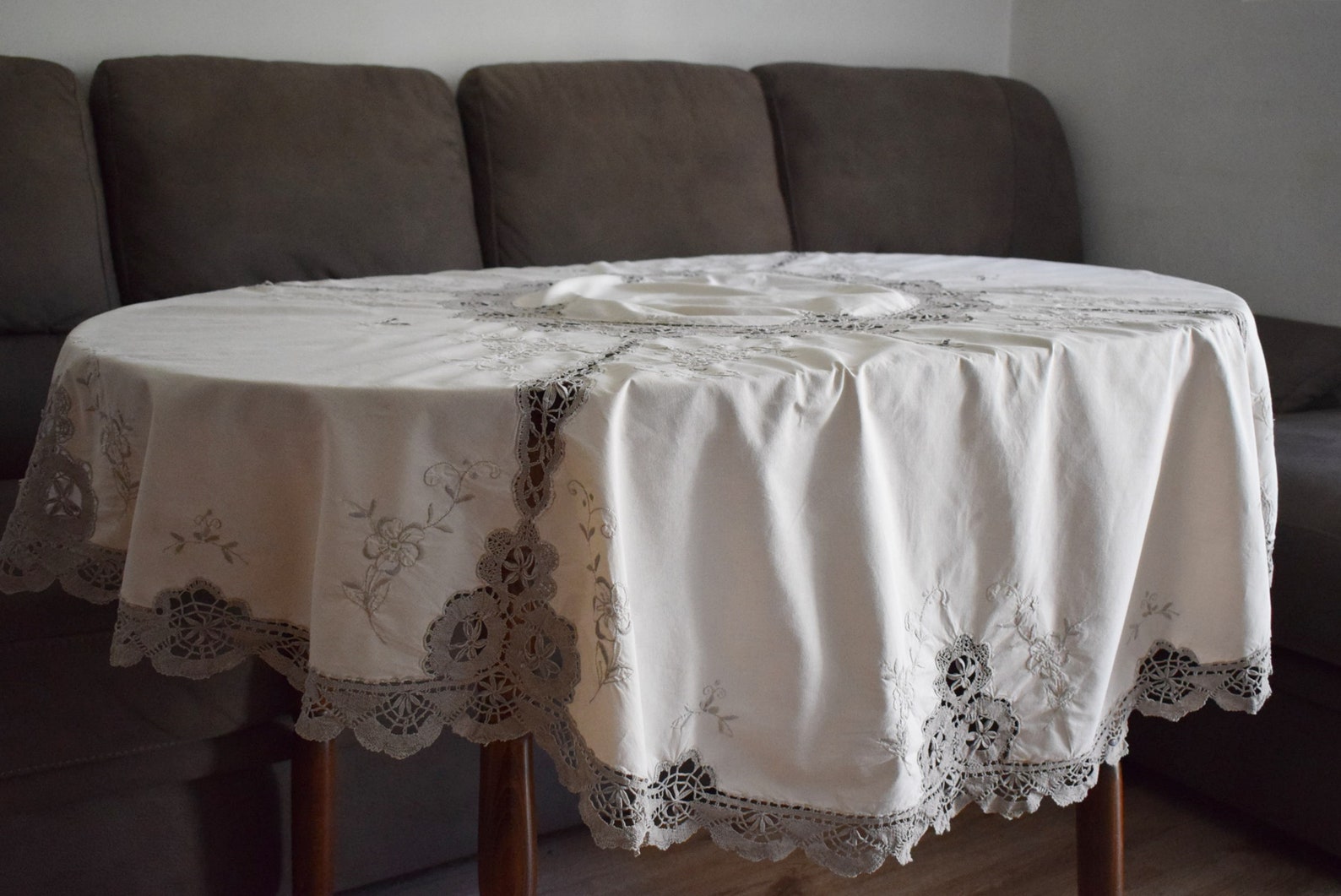 Large Round Lace Tablecloth Embroidered Tablecloth Ecru and - Etsy