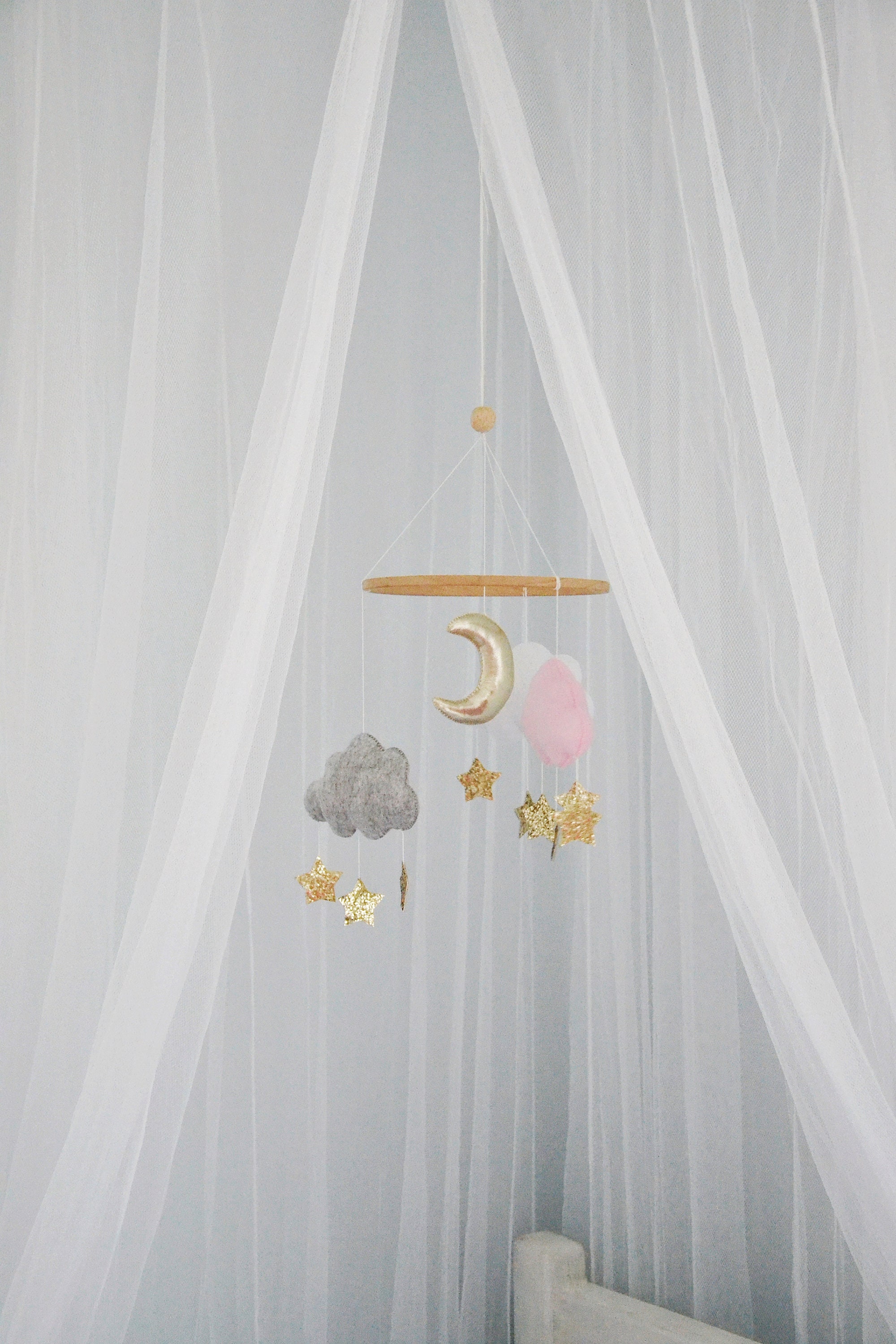 Clouds and Moon Baby Mobile, Clouds Mobile Nursery, Gold Stars Mobile ...