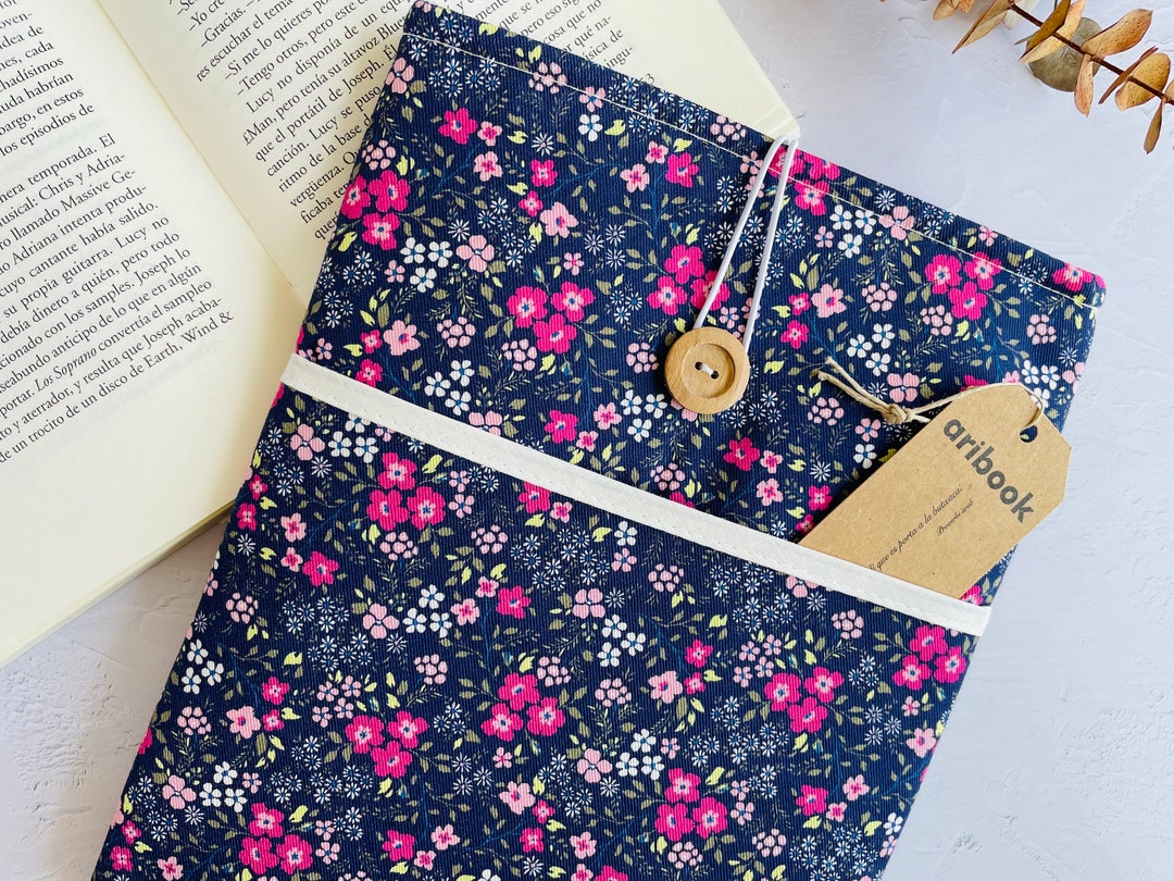 Fabric Book Cover With Closure, Pink Flowers Book Sleeve With Pocket ...