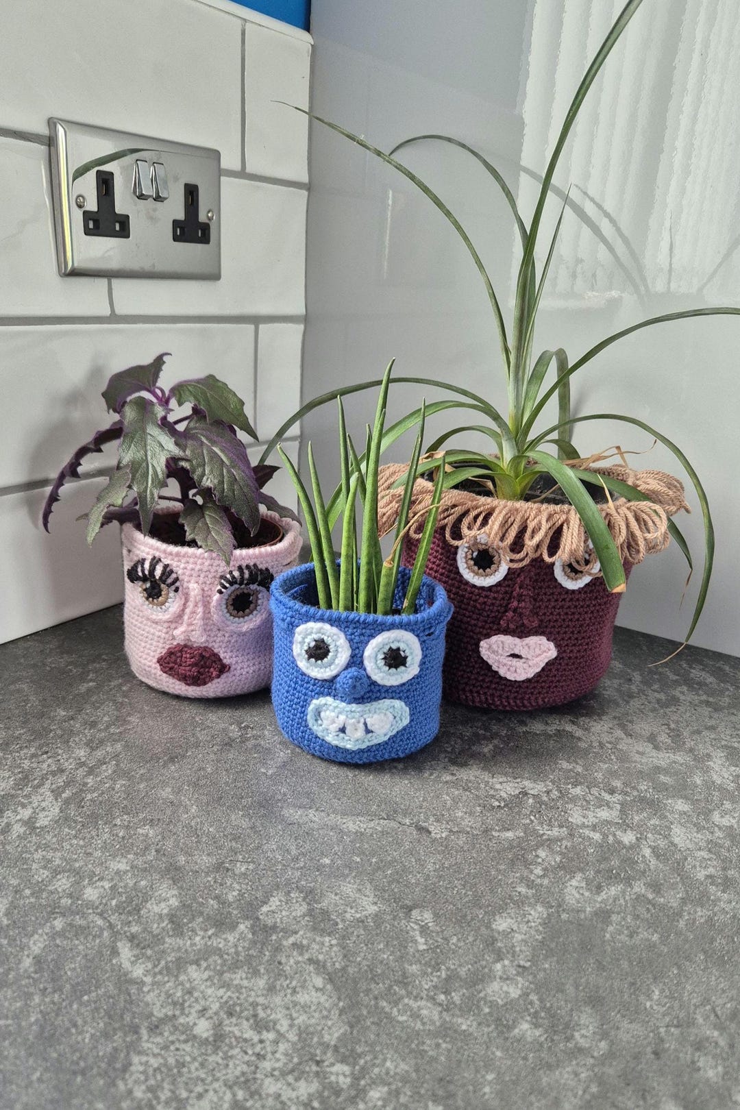 Funny Face Plant Pot Covers, Crochet Purple Face Pot, Pink Face Pot ...