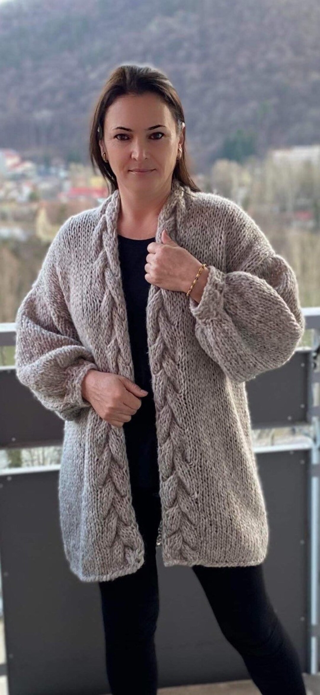 YARA Greige Cardigan With Braided Front Edge, Soft Wool Mix Sweater ...