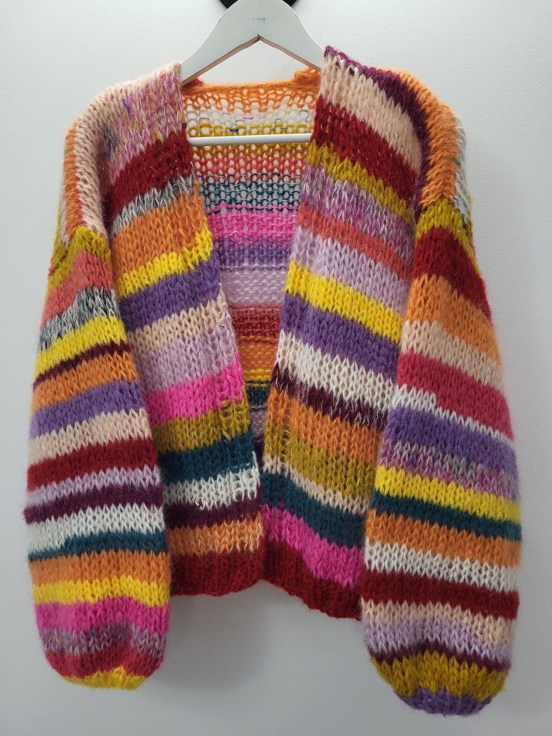 Violette Multicolor Cardigan, Knit Mohair Sweater With Balloon Sleeves ...