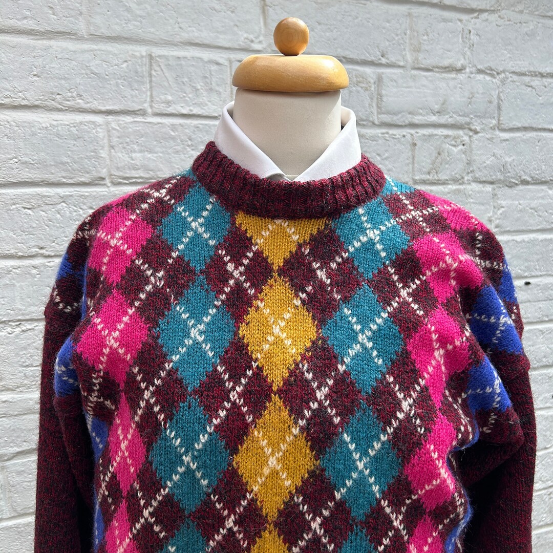 Vintage Pure Shetland Wool Argyle Knit Jumper by Cooper and Roe. Size M ...