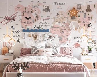 Pink Color World Map Kids Wallpaper Peel and Stick Map - Etsy