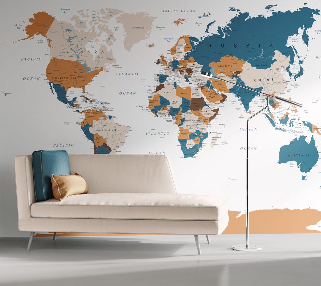 Modern Earth-tone World Map Wallpaper | Peel and Stick or Traditional ...