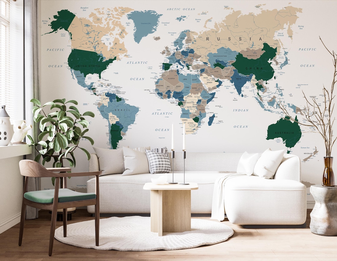 Sage Green World Map Mural | Peel and Stick Political Wallpaper - Etsy