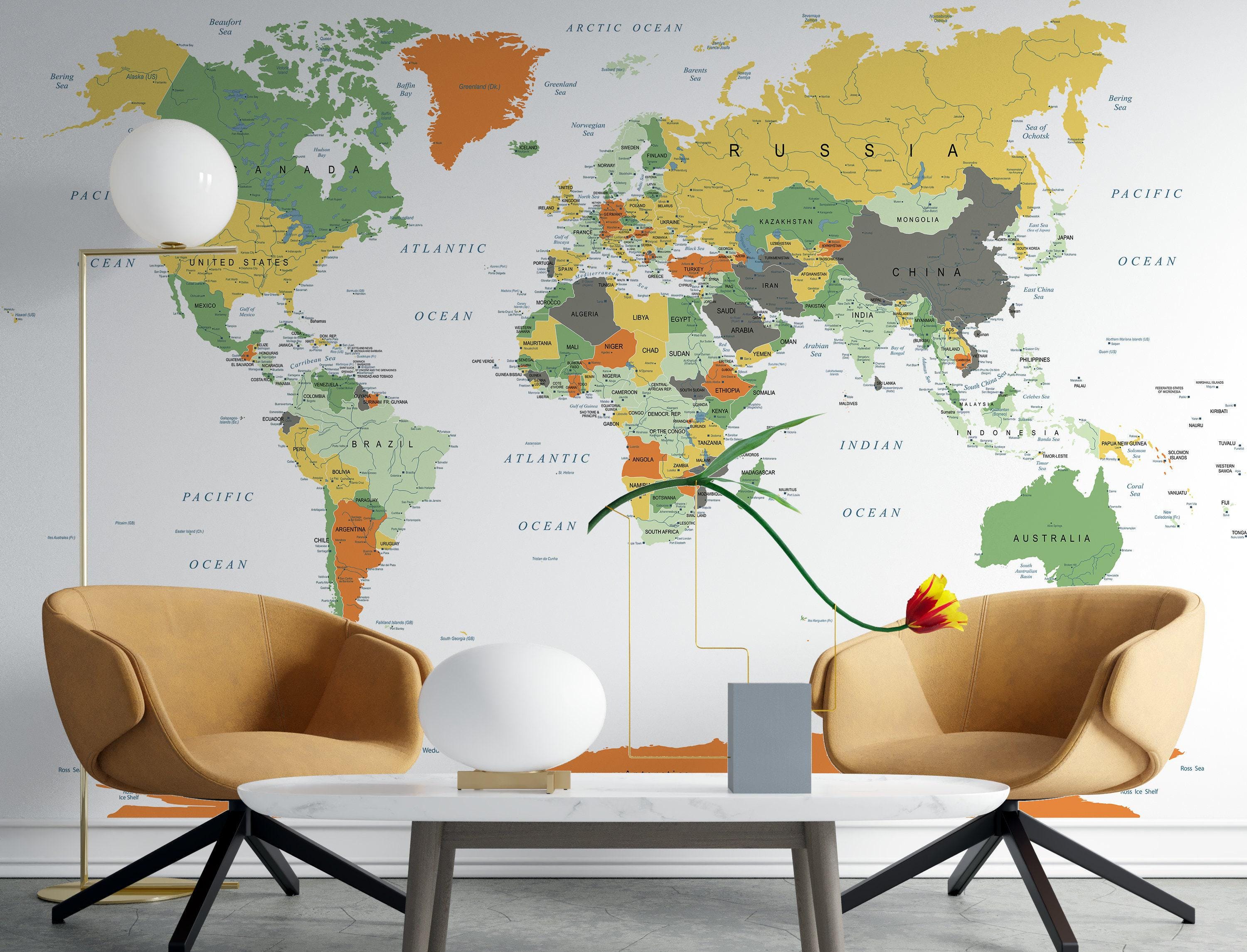 Earth Tone World Map Wallpaper | Peel and Stick Mural - Etsy