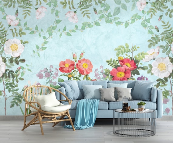 Floral Wallpaper Blue Background Botanical Wallpaper | Etsy