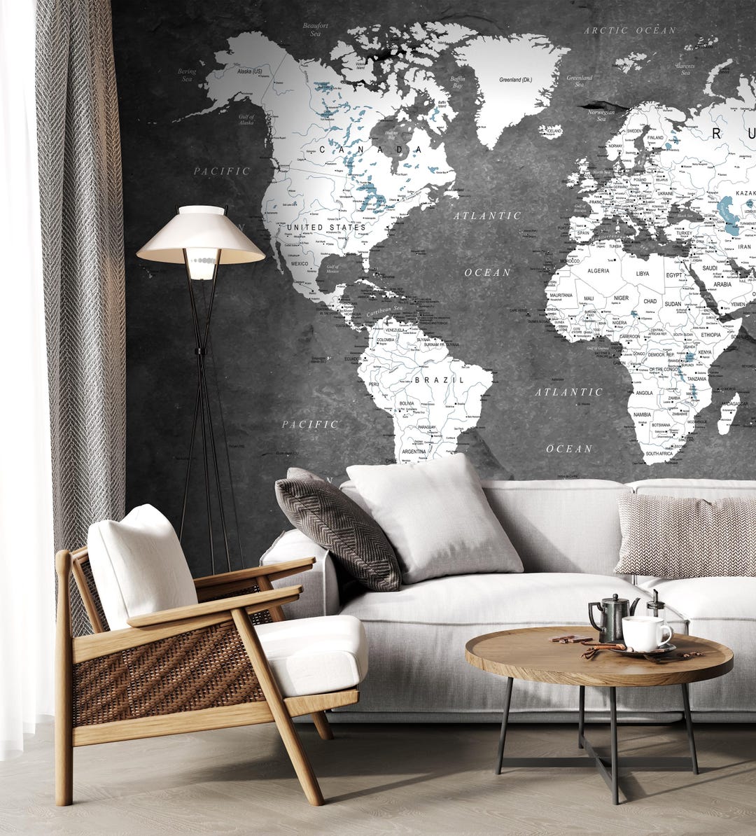 Monochrome World Map Wallpaper | Industrial Dark Stone Mural | Peel and ...