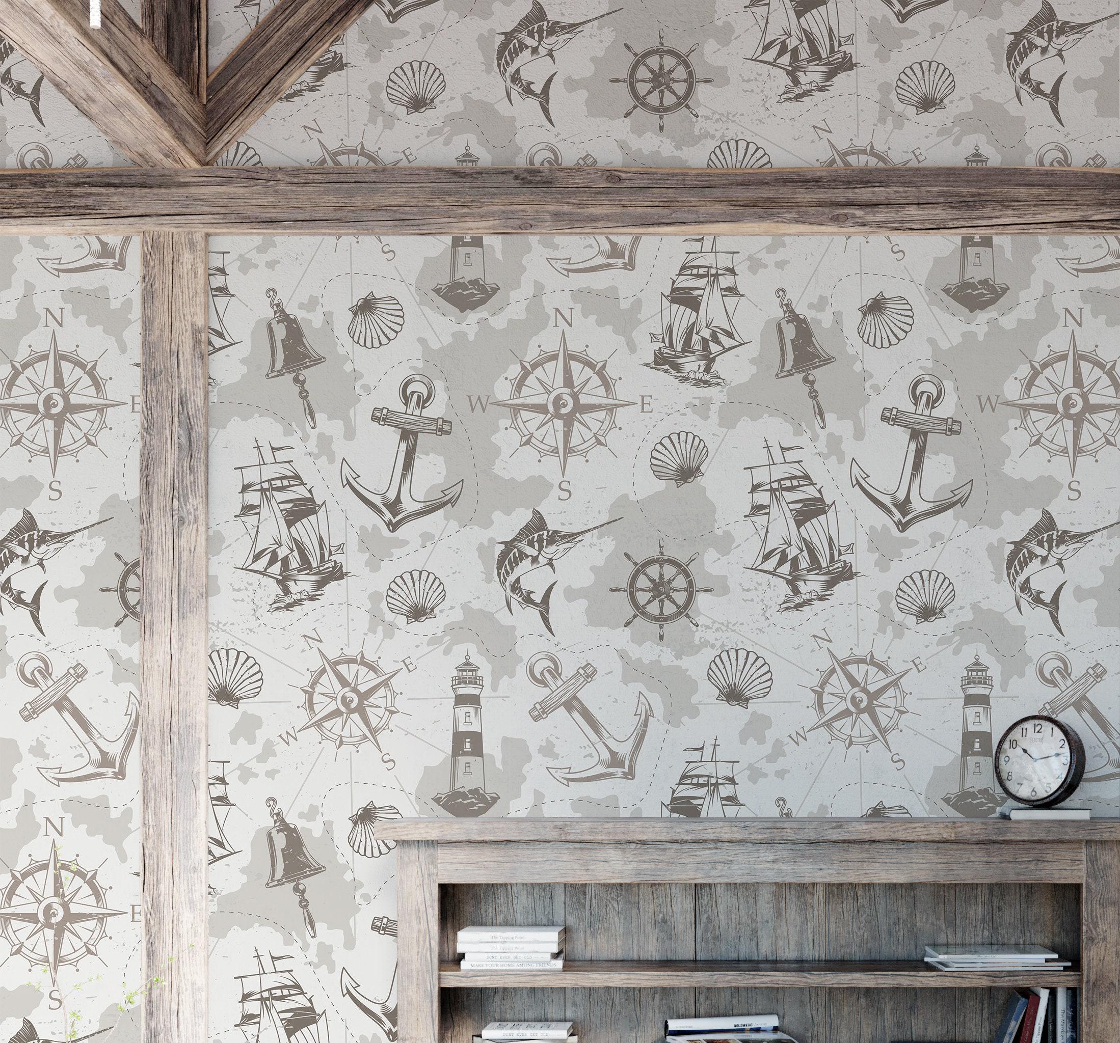 Vintage Nautical Wallpaper - Compass, Anchor, Ships - Peel and Stick or ...