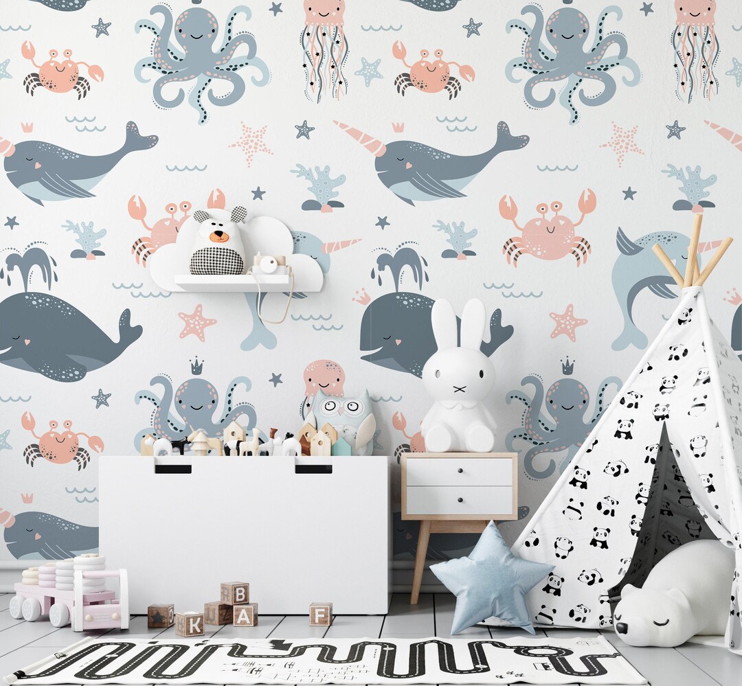 Cute Sea Animals Kids Wallpaper – Ocean Friends Wall Mural for Nursery ...