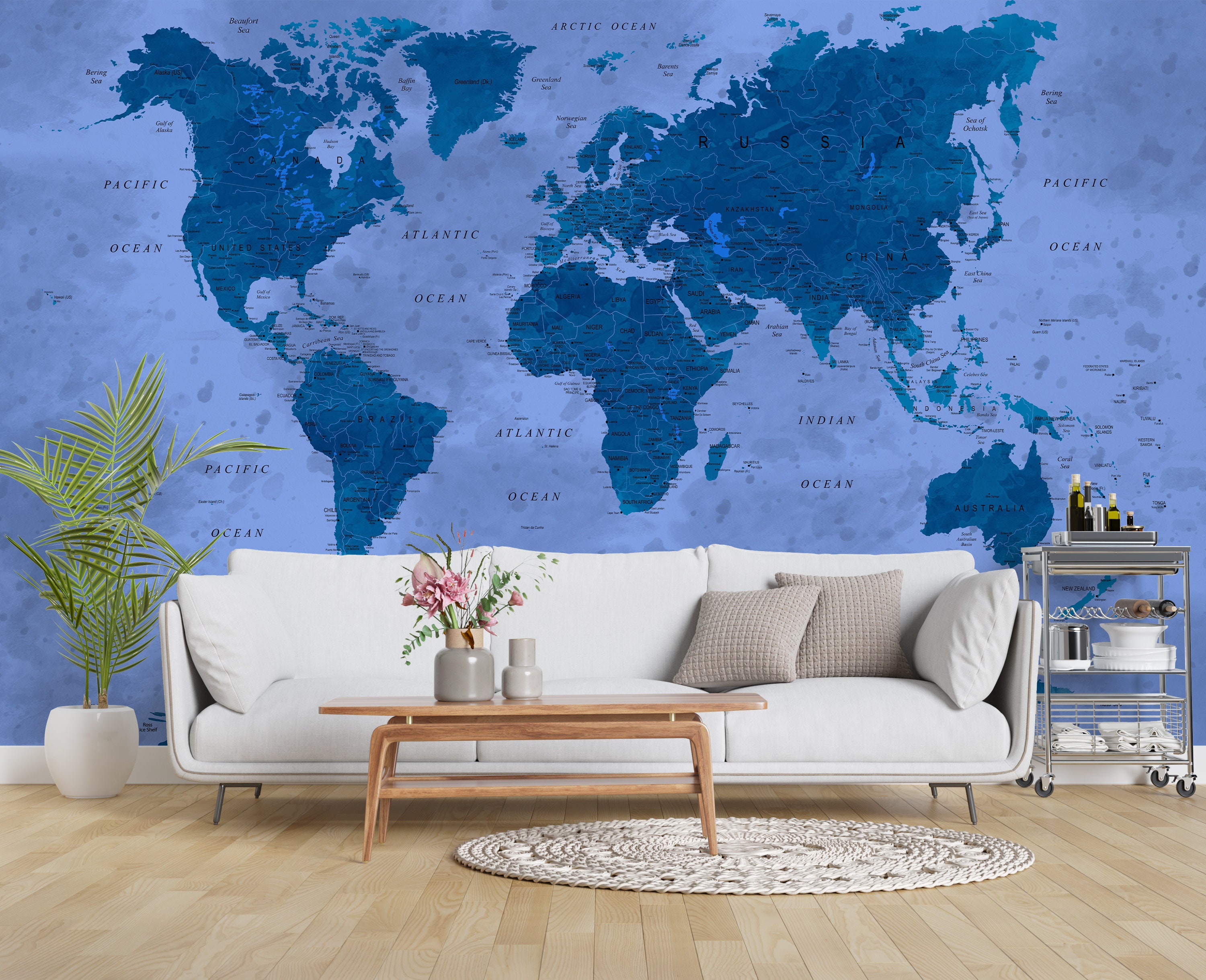 Customized Large World Map Wallpaper Blue Watercolor World Map | Etsy