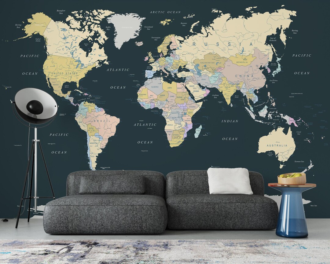 Dark Navy Political World Map Wallpaper: Peel and Stick Mural - Etsy UK