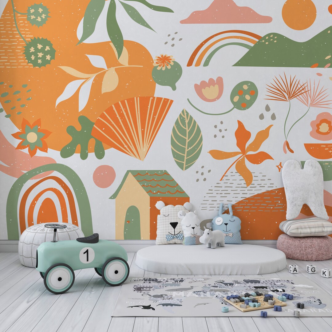 Abstract Shapes Wallpaper, Hand Drawn Abstract Wall Mural, Minimal ...