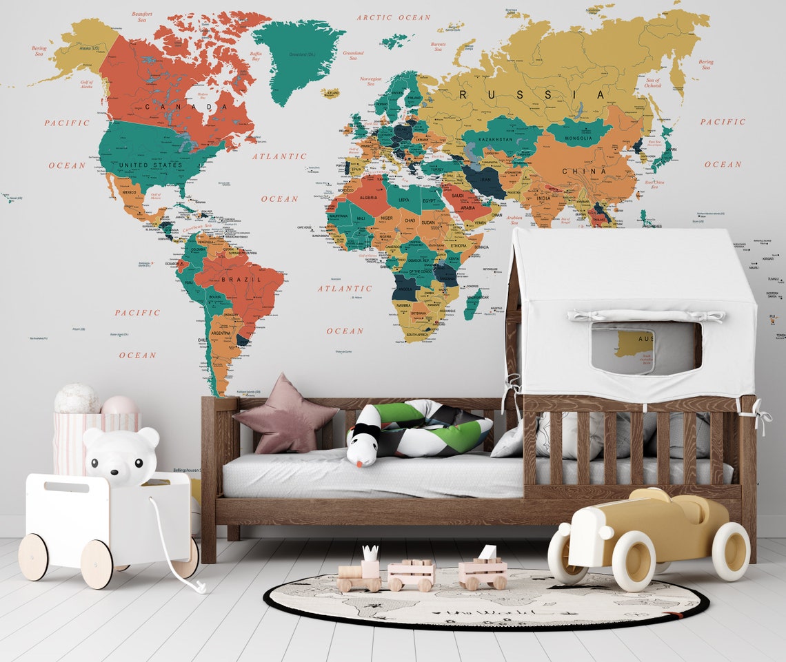 Customized Large World Map Wall Decal World Map Wallpaper | Etsy