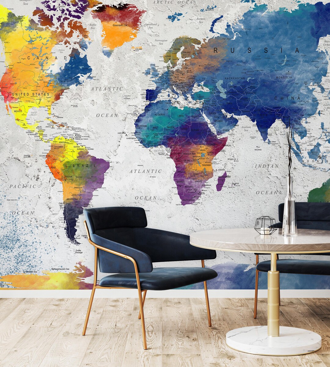 Colorful World Map Wall Mural | Watercolor Continent Design | Removable ...