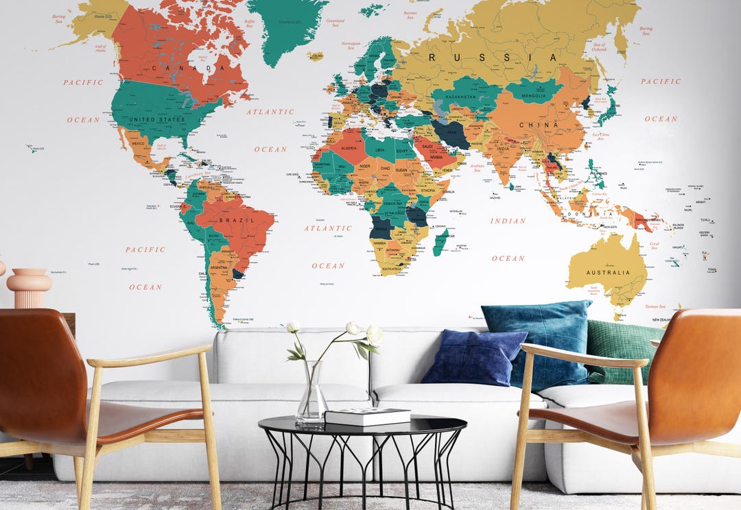 Colorful Political World Map Wallpaper | Peel and Stick Mural - Etsy
