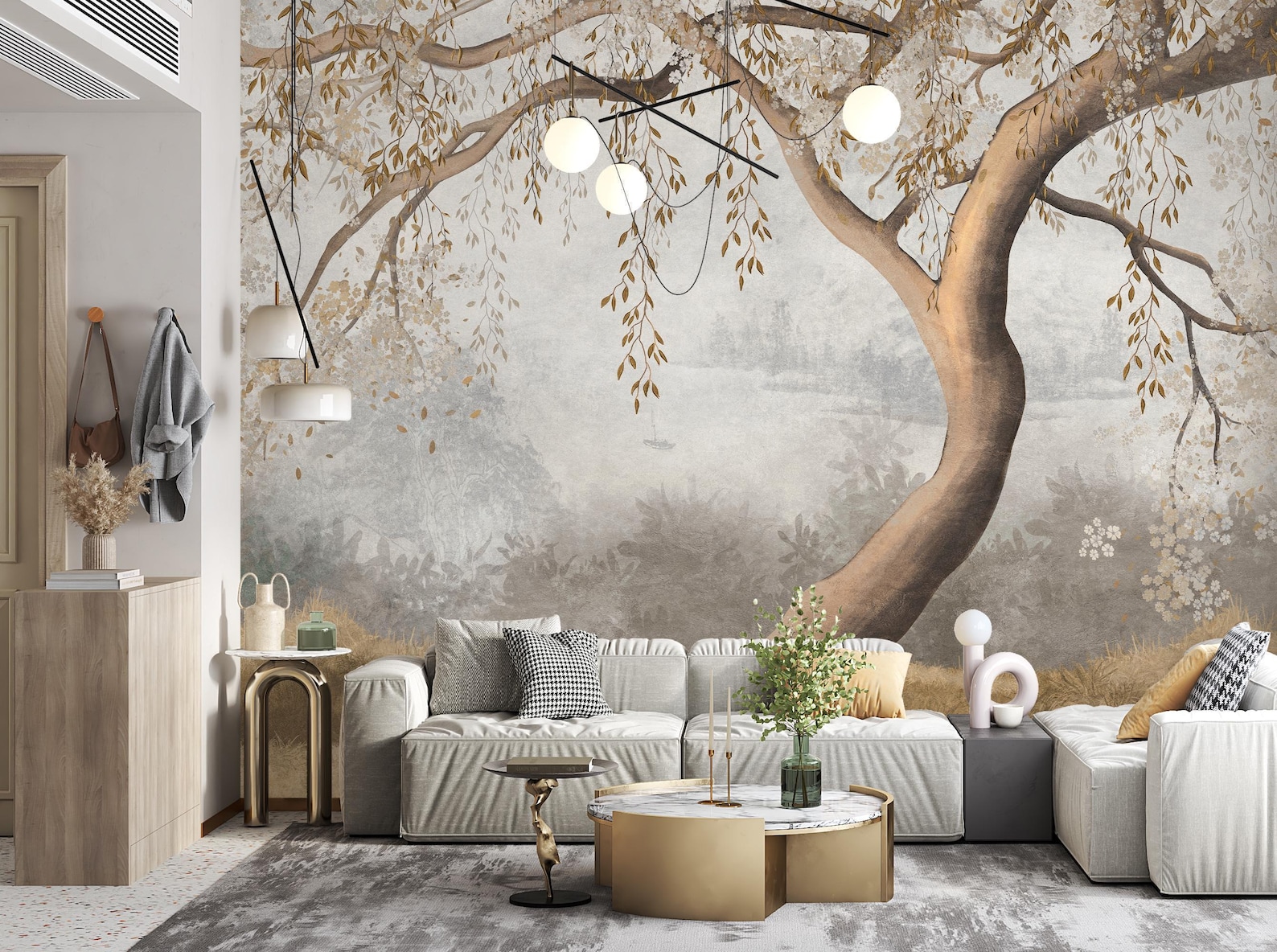 Neutral Tree Wallpaper Mural - Tranquil Nature Scene (peel and Stick or ...