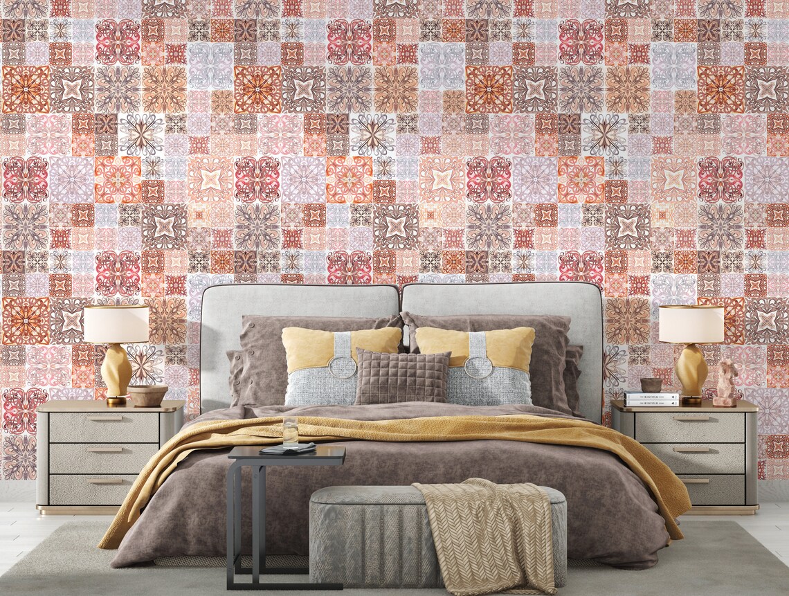 Watercolor Tiles Wallpaper Colorful Ethnic Pattern Wallpaper - Etsy