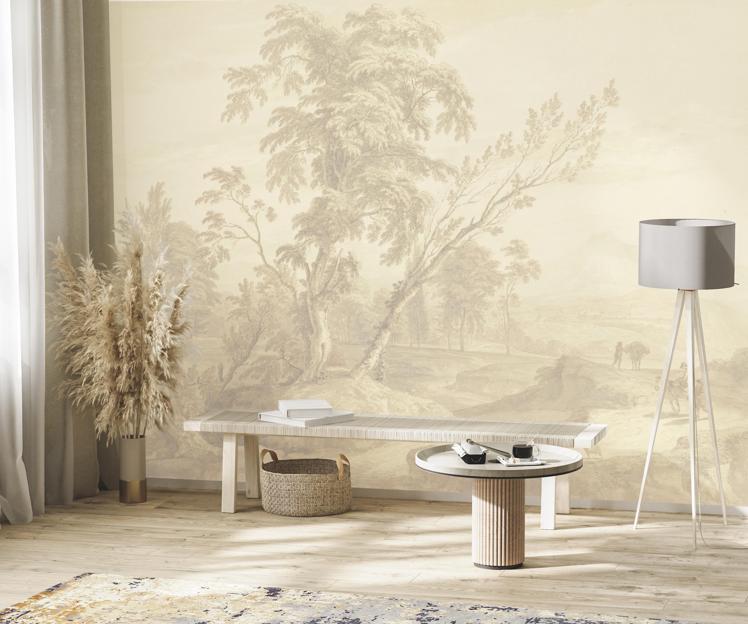 Vintage Beige Landscape Wallpaper Mural, Scenic Wall Art, Peel and ...