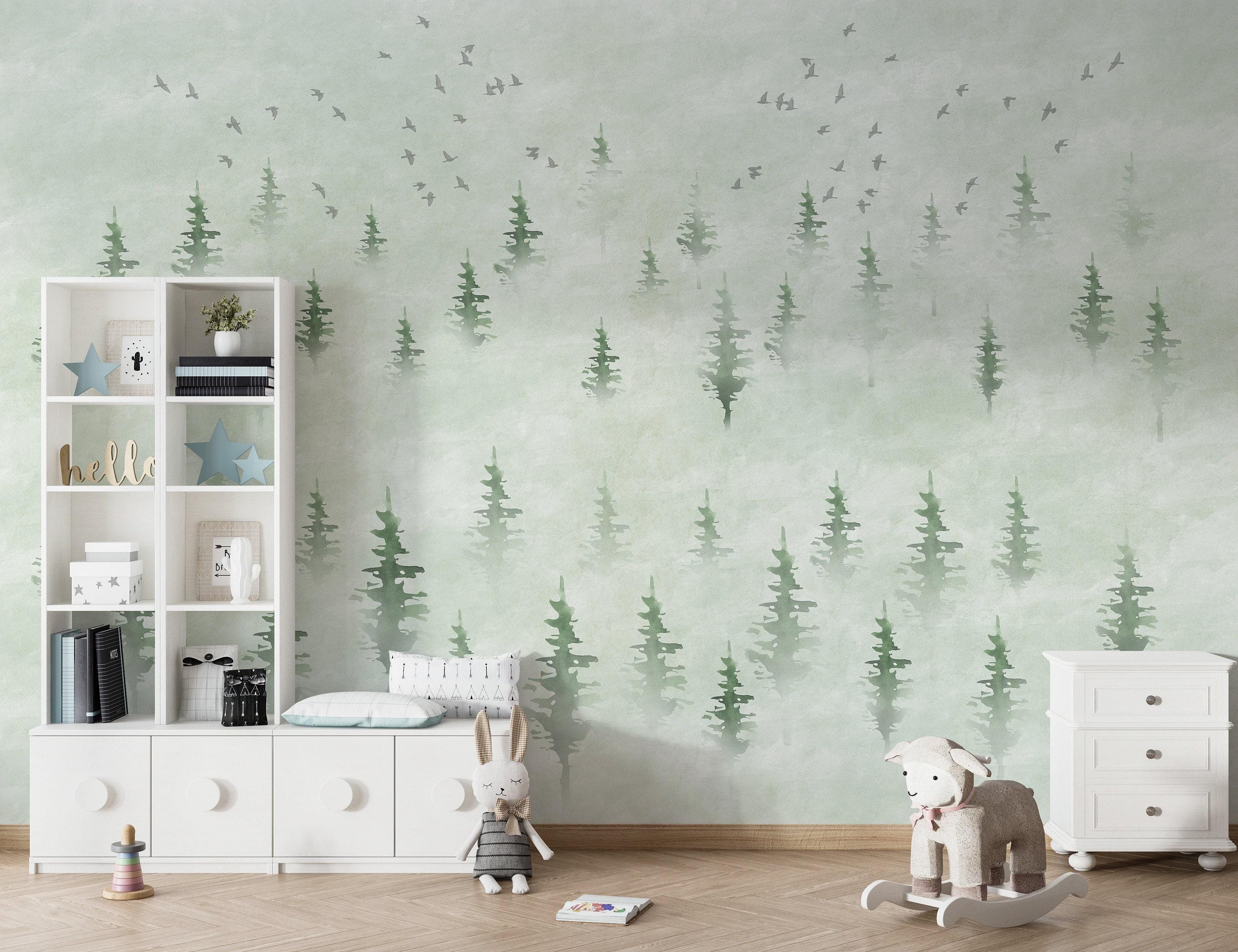 Watercolor Pine Tree Wallpaper, Foggy Forest, Nature Wall Decor - Etsy