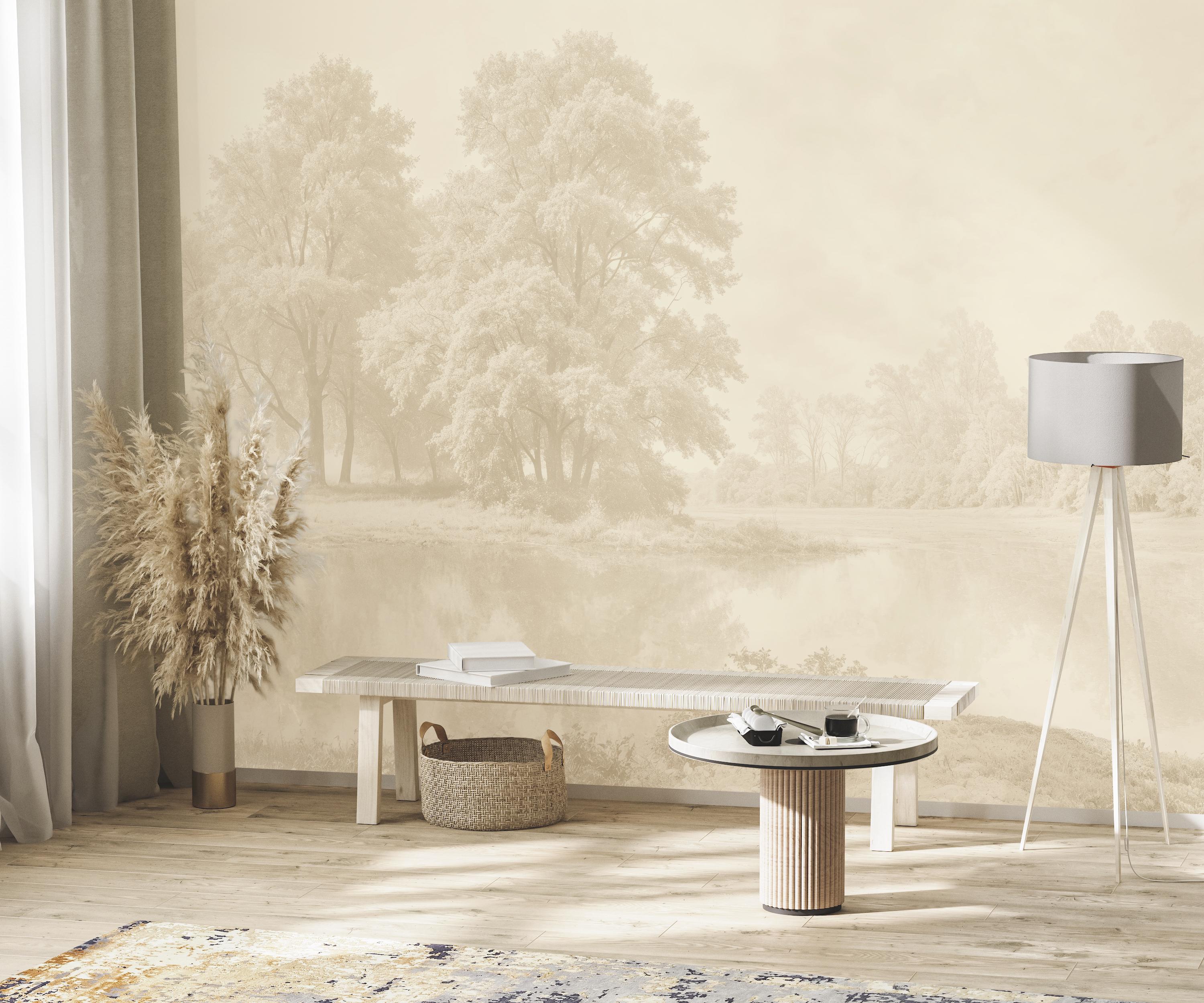 Neutral Forest Wallpaper Mural | Cream Beige River Landscape (peel and ...